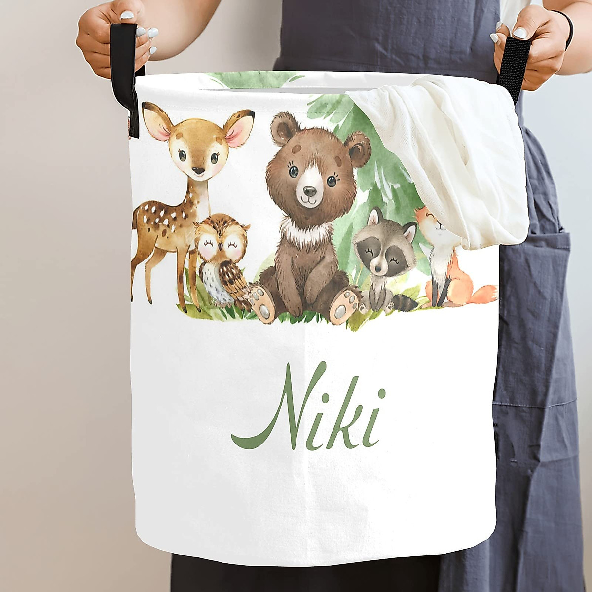 BigBigift Greenery Woodland Bear Deer Round Laundry Basket Personalized with Name Waterproof Canvas Clothes Basket Laundry Hamper with Handles for Kids Room Bedroom Gift Baskets