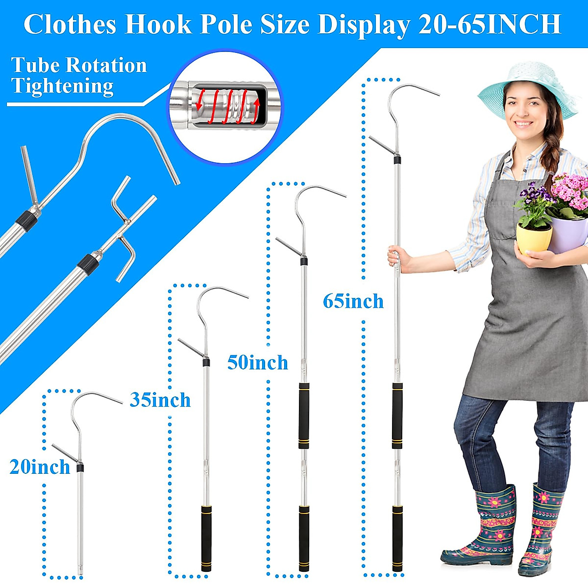 Frebuta Clothes Hook Pole Heavy Duty,32 to 65Inch High Reach Garment Hook 2 Hooks for Hanging Birdfeeder Stainless Steels Tube Extension Pole with Hook for Reaching to Reach High Hangers