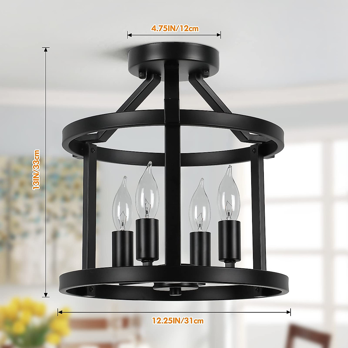 4-Light Farmhouse Metal Semi Flush Mount Ceiling Light Fixture, Industrial Vintage Matte Black E12 Candle Ceiling Lamp, Rustic Chandeliers for Living Room Bedroom Dining Room Entryway Hallway Kitchen