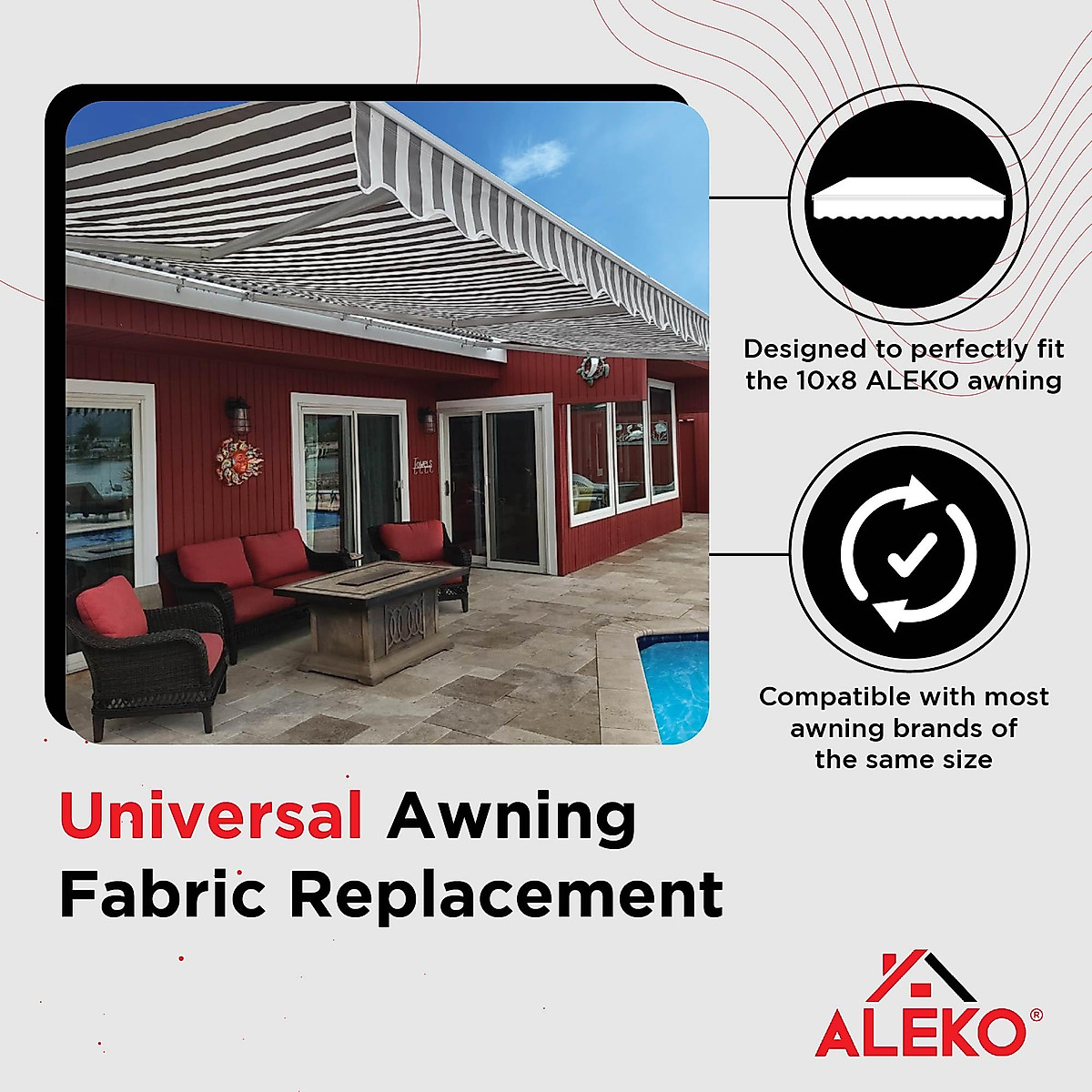 ALEKO Patio Awning Fabric Replacement, Polyester Canopy with UV Protection, Gray/White Stripes, 10x8 Feet