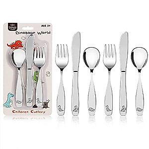 Lehoo Castle Kids Silverware Stainless Steel 6 Piece - Toddler Spoons and Forks Knife Set, Metal Kids Cutlery Set, Toddler Utensils Self Feeding (Dinosaur World)