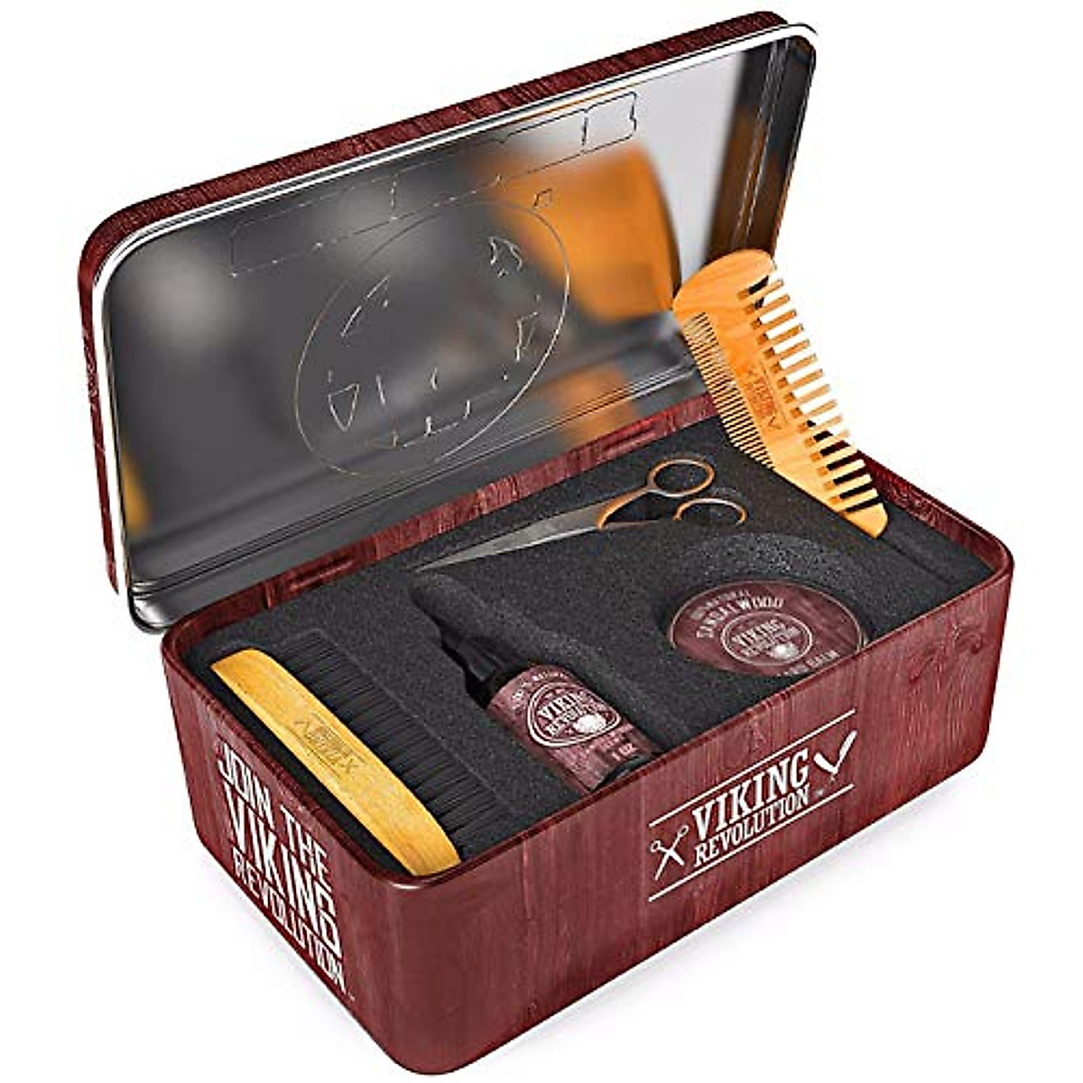 Viking Revolution Beard Grooming Kit for Men - Ultimate Beard Kit - Boar Beard Brush, Wood Beard Comb, Sandalwood Beard Balm, Sandalwood Beard Oil, Beard & Mustache Scissors