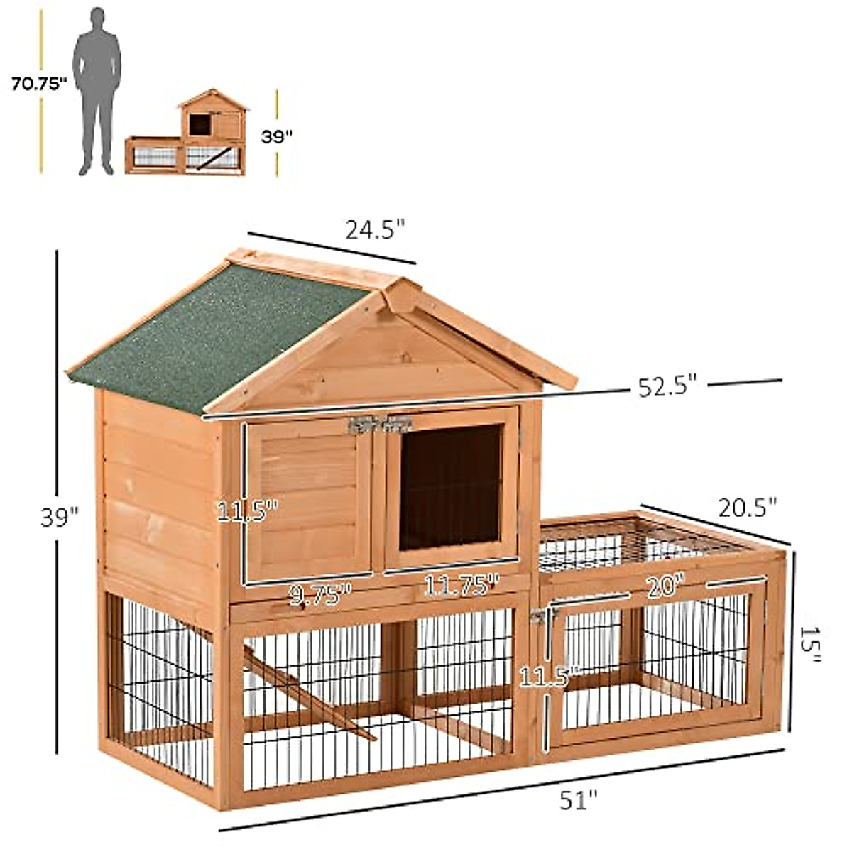 PawHut 53" Backyard Wooden Chicken Coop Rabbit Playpen Hutch Pet House Poultry Cage With Outdoor Run