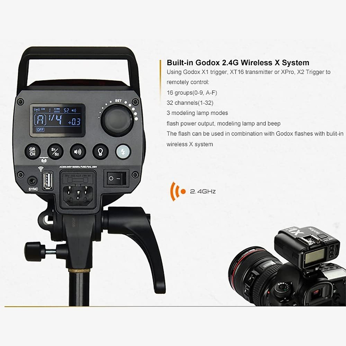 Godox MS300 300W 2.4G Built-in Wireless Receiver Lightweight, Compact and Durable Studio Flash Bowens Mount and 150W Modelling Lamp with Standard Reflective