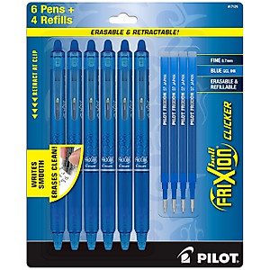 Pilot Frixion Erasable Pens - 6 Pack of Blue Ink Pens + 4 Bonus Refills - Frixion Clicker Erasable Pens Retractable Gel Ink Pen - Fine Point 0.7 mm Used for Rocketbook & Notebook