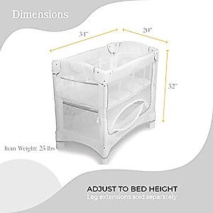Arm’s Reach Mini Ezee 2 in 1 Co-Sleeper Bedside Bassinet Featuring Breathable Mesh Side Panels with 2 Wheels for Portability, Side Pockets, and Bottom Storage, White