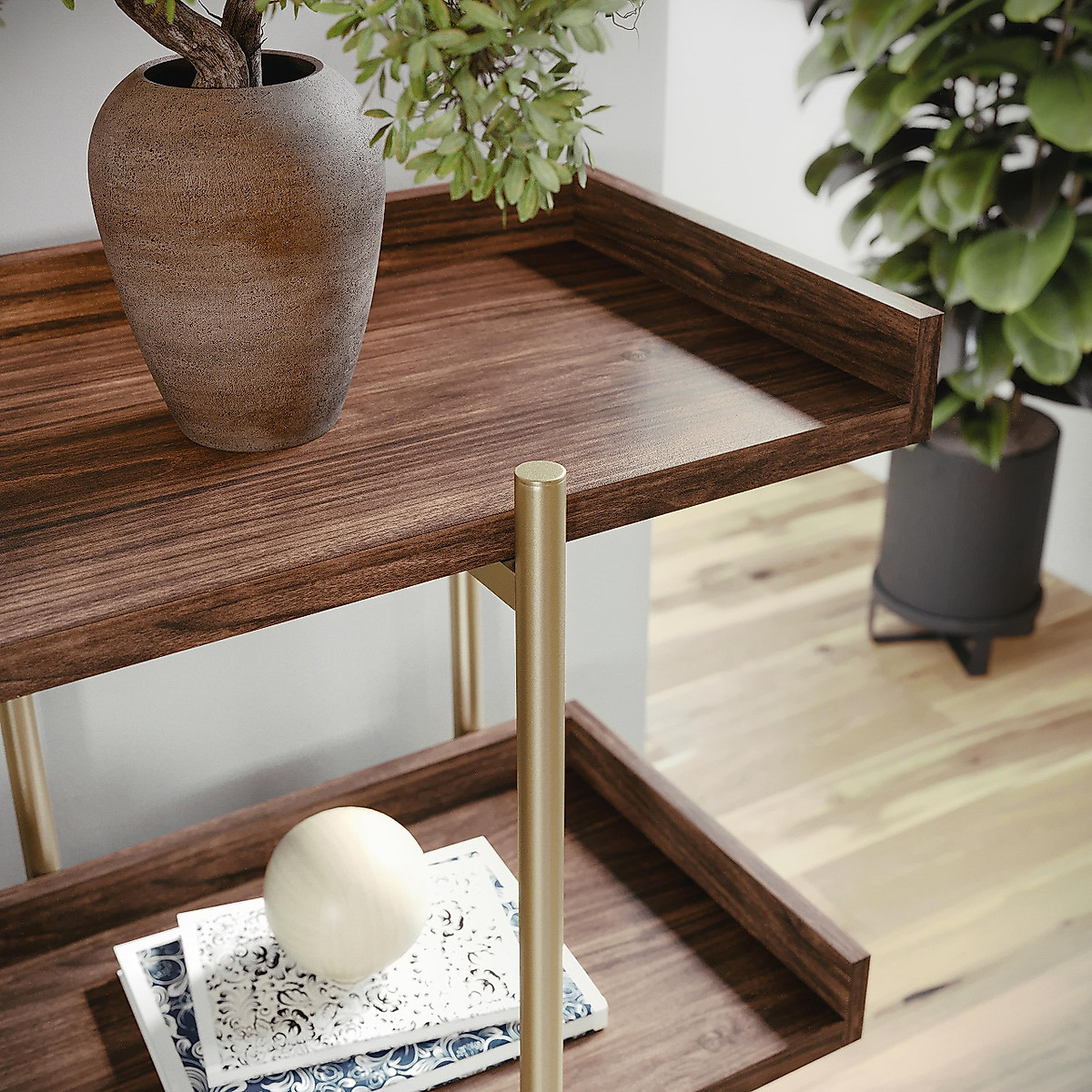 Martha Stewart Emmett 3 Shelf Storage Display Unit Bookcase with Metal, Set of 1, Walnut Wood Grain/Polished Brass Frame