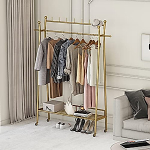 Gold Clothing Rack, Portable Rolling Clothes Racks for Hanging Clothes Heavy Duty Double Rod Boutique Clothing Garment Rack, Coat Rack with a Bottom Shelf 47.2”L