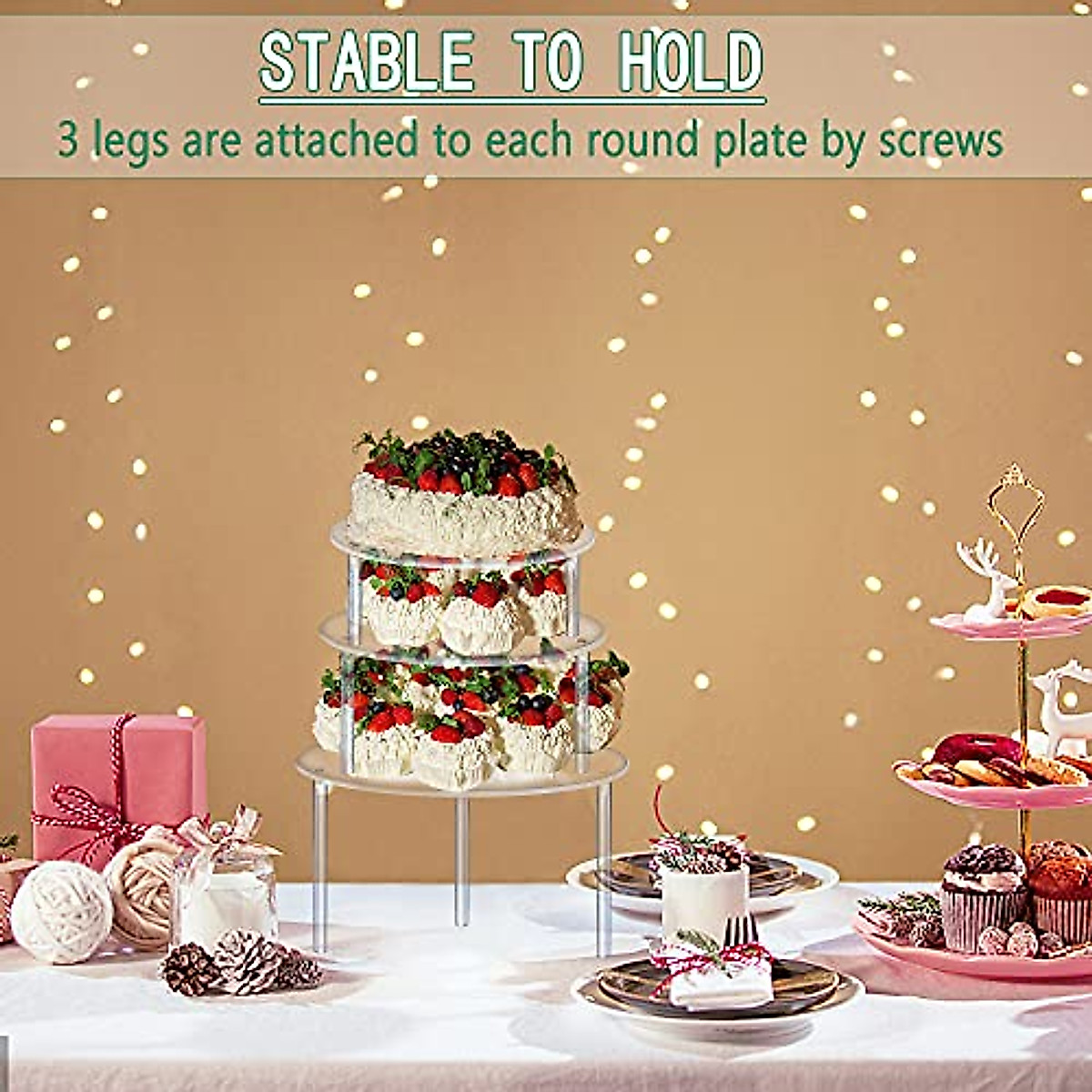 3 Pcs Acrylic Cake Stands, Akamino Reusable Round Cupcake Holder for Dessert Cake Pizza, Display Stand Party Serving Platter for Christmas Wedding Birthday Baby Shower Tea Party