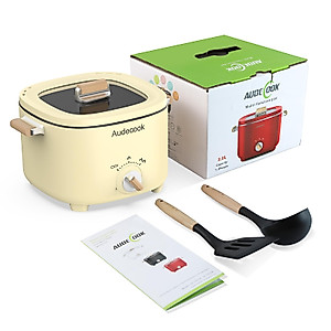 Audecook Hot Pot Electric, 2.5L Portable Nonstick Multicooker for 1-3 Persons, Honeycomb Texture Travel Electric Skillet with Dual Power Temperature Control for Steak/Egg/Noodles/Oatmeal (Beige)