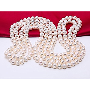 JYX Pearl Long Strand Necklace Natural White 8mm Flat Round Freshwater Cultured Pearl Necklace Endless Sweater Necklace 64"