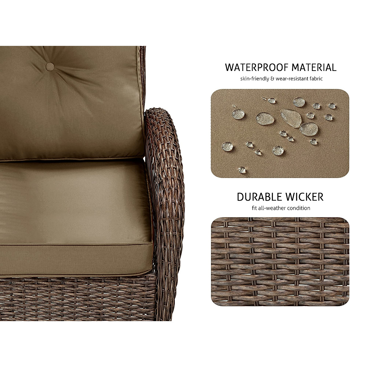 SHA CERLIN 3 Pieces Patio Furniture Set, Outdoor Swivel Glider Rocker, Wicker Patio Bistro Set with Rocking Chair, Cushions and Table (Khaki)