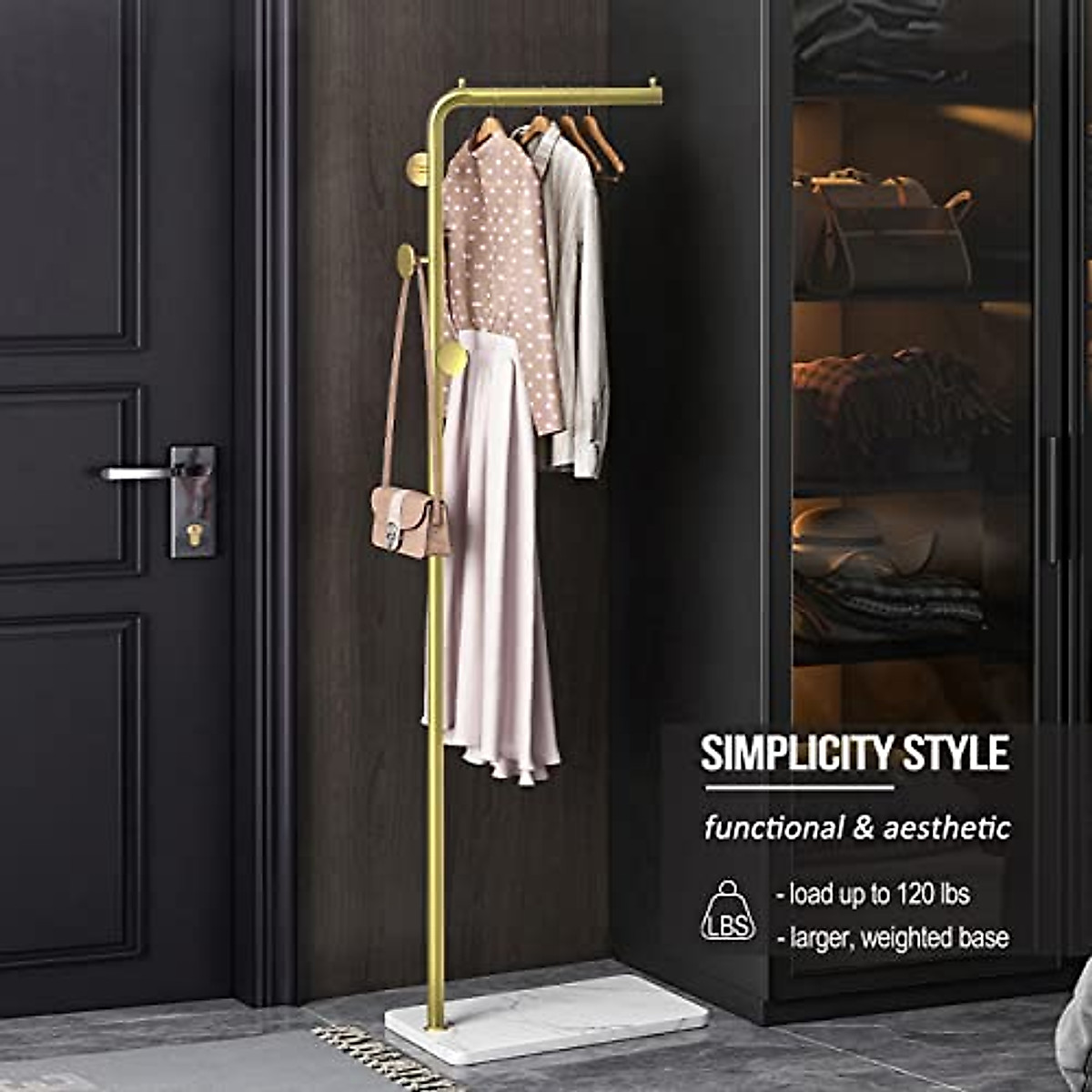 VEKOID Metal Coat Rack Freestanding with Natural Marble Base, Entryway Coats Hanger Stand with 3 Hooks, Home Hotel Hall Tree for Coats, Hats, Scarves, Clothes, and Handbags (Light Gold)