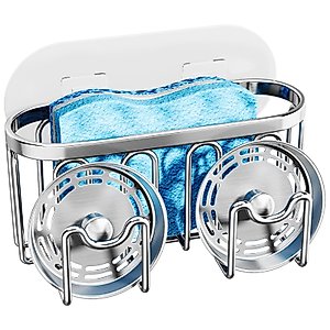 SWTYMIKI Sink Sponge Holder With Double Hook, Stainless Steel Sink Caddy Kitchen Sink Organizer Multifunctional Rustproof Kitchen Sponge Holder for Kitchen Sink Accessories, Silver
