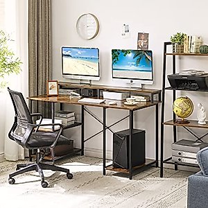 IBUYKE 55" Computer Desk, Office Table, Gaming Workstation with Storage Shelves/Monitor Stand, Study Table for Home Office, Space-Saving, Easy to Assemble, Rustic Brown and Black UTMJ056H