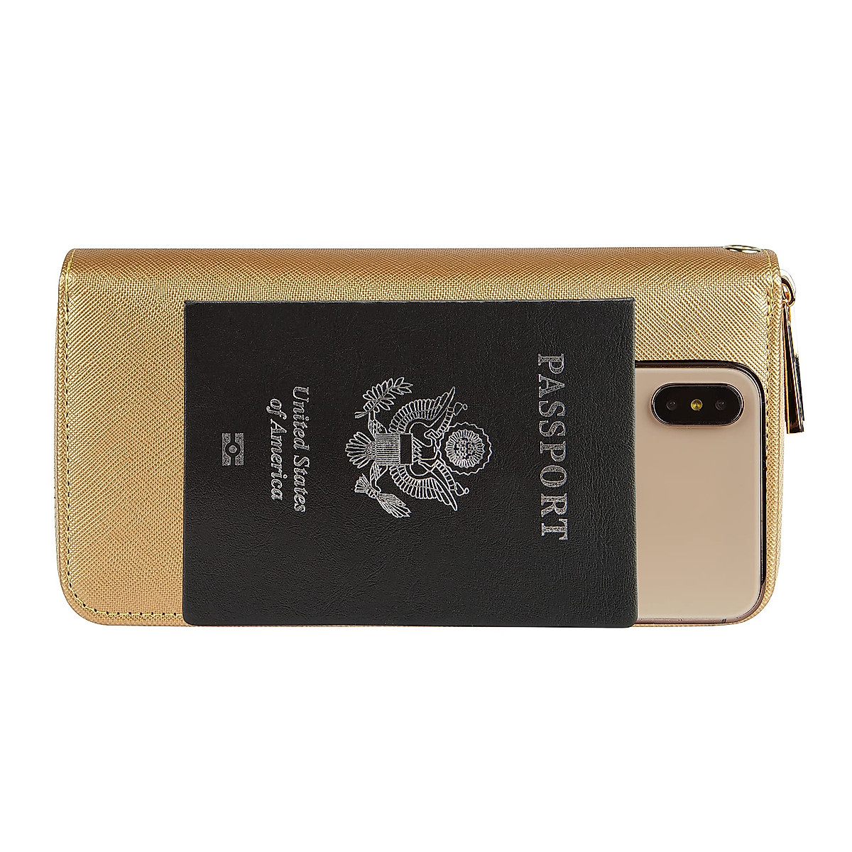 Cynure Women's Large Zipper Card Organizer Long Leather Wristlet Clutch Wallet for Ladies, Gold