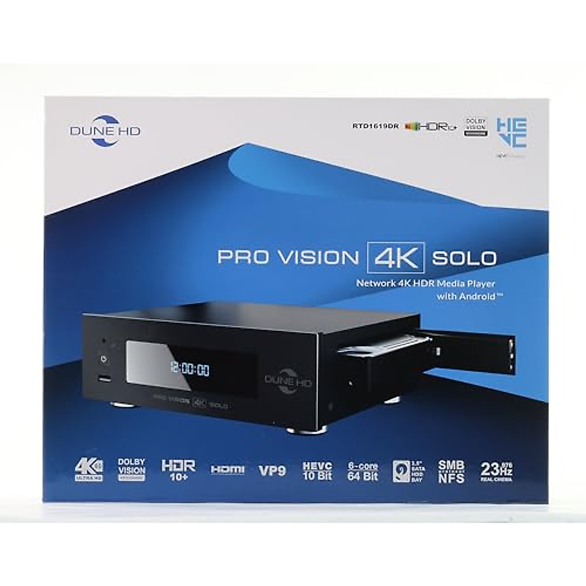 Dune HD Pro Vision 4K Solo | HDR10+ | Ultra HD | 3D | DLNA | Media Player and Android Smart TV Box | RTD1619 | 3.5 SATA HDD Rack | HD-Audio, 2X HDMI, BT, WiFi, 4GB / 32GB