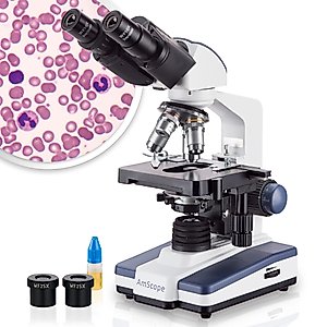 AmScope B120A Siedentopf Binocular Compound Microscope, 40X-1600X Magnification, Brightfield, LED Illumination, Abbe Condenser, Double-Layer Mechanical Stage