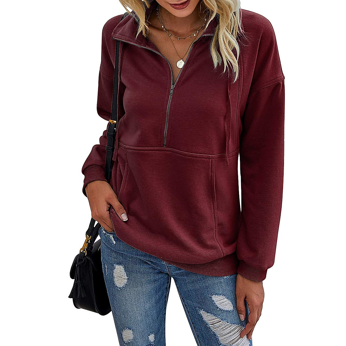 PRETTYGARDEN Women’s Casual Long Sleeve Lapel Zipper Sweatshirt Drawstring Loose Pullover Tops Wine Red
