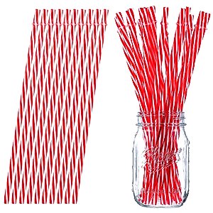 Christmas Reusable Plastic Straws Long Red Striped Straws Xmas Drinking Straws with Rings for Christmas Wedding Party Supplies(48 Pieces,9 Inch)