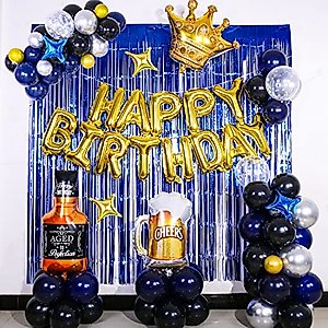 Blue and Gold Birthday Decorations, Birthday Decorations for Men, Happy Birthday Banner for Men Women Boys with Foil Fringe Curtains Crown Confetti Navy Blue Balloons for 25th 30th 40th 50th 60th