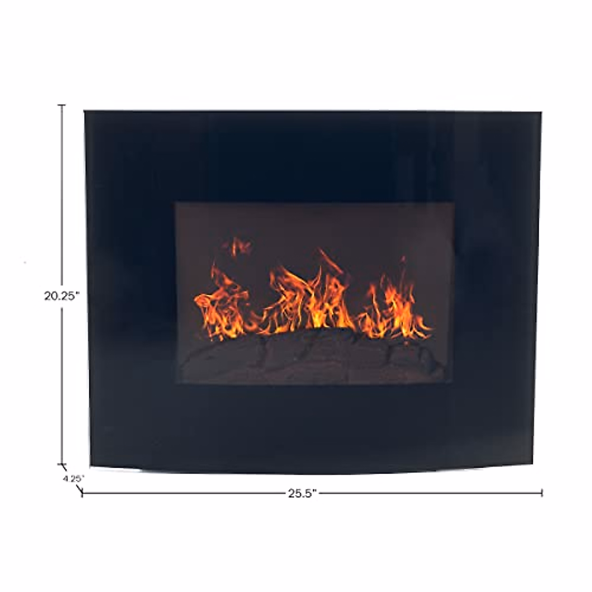 25.5-Inch Wall Mounted Electric Fireplace - Curved Glass Heater with Log Fuel Effect, Adjustable Flames, and Remote Control by Northwest (Black)