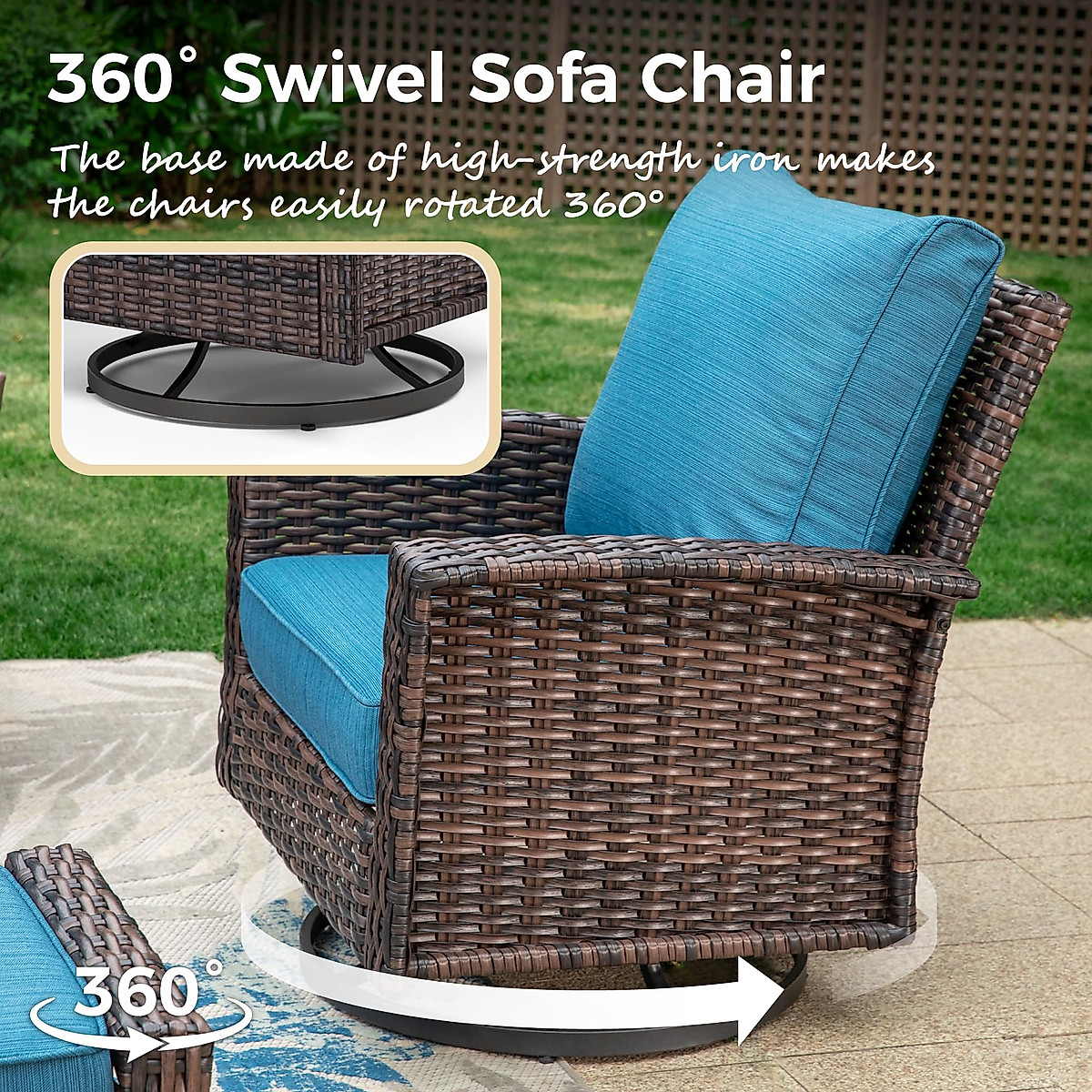MIXPATIO Swivel Patio Wicker Chairs Set of 2, Outdoor Swivel Patio Rattan Chairs with High Back and 5.5" Thick Cushions for Bistro Balcony Porch Deck and Yard, Peacock Blue