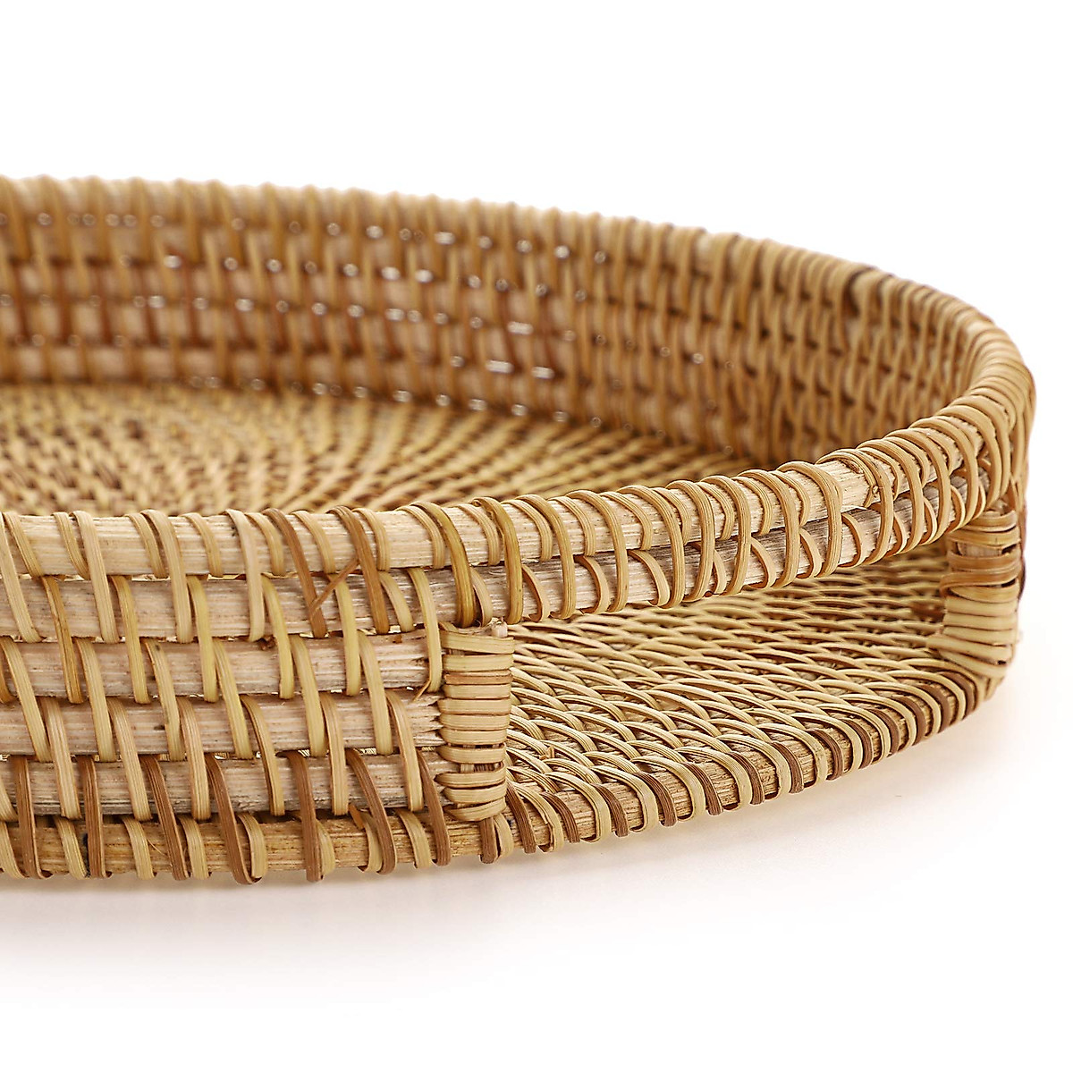 Hipiwe 10" Round Rattan Serving Tray with Handles, Hand-Woven Decorative Organizer Tray for Storage Breakfast Drinks Snack, Centerpiece Fruit Basket for Home Decoration, Small