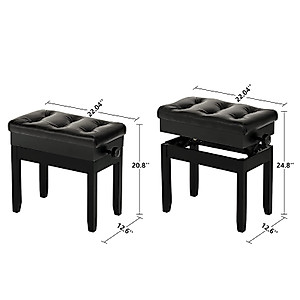 Iwell Piano Bench, Adjustable Piano Bench with Padded Cushion and Storage Compartment for Music Sheet, Music Bench, Piano Stool, Vanity Chair, Black