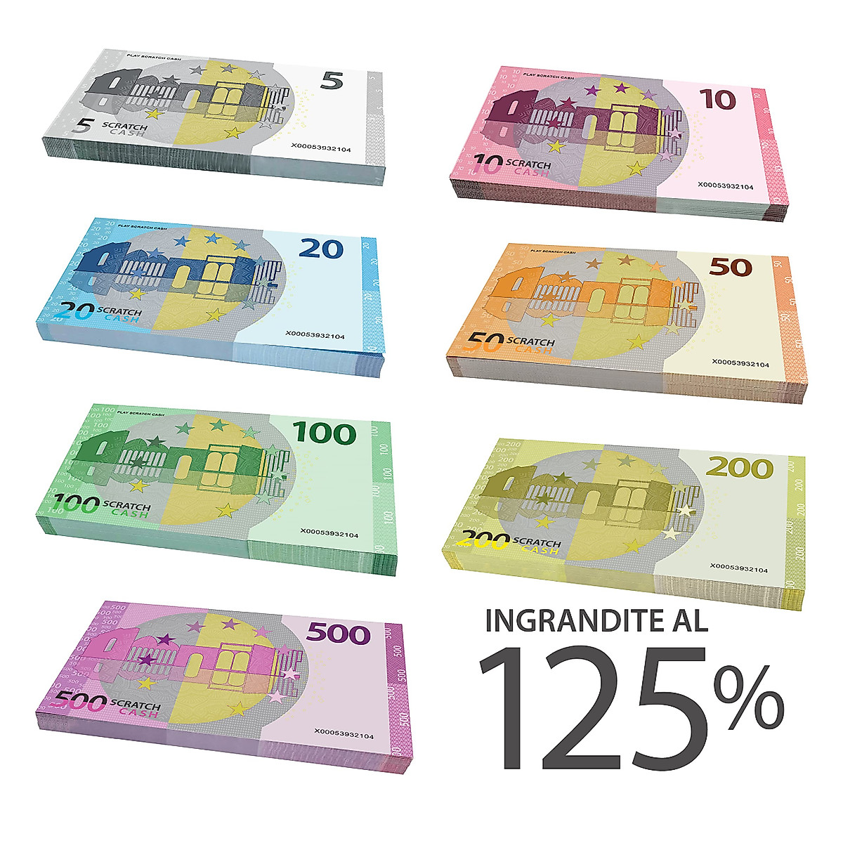 Scratch Cash Bundle Money to Play (Size Increased to 125% Compared to The Real Ones) 175 Banknotes - 7 Stacks of Euro 25 x € 5, 10, 20, 50, 100, 200 and 500