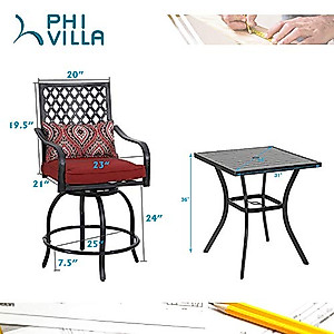 PHI VILLA Patio Bar Set, 5 pcs Outdoor Metal Bar Set with 4 Swivel Cushioned Stools & 31" Square Patio Bar Table with Umbrella Hole, Outdoor Furniture Set for Patios Backyard, Porches or Garden