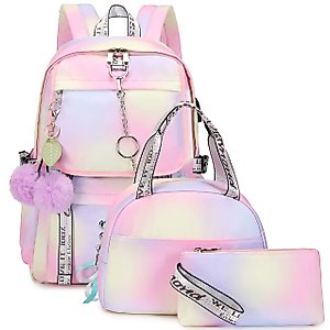 Hey Yoo School Backpack for Girls Backpack with Lunch Box School Bag Bookbag Aesthetic Cute Backpack Set for Teen Girls (Pink)