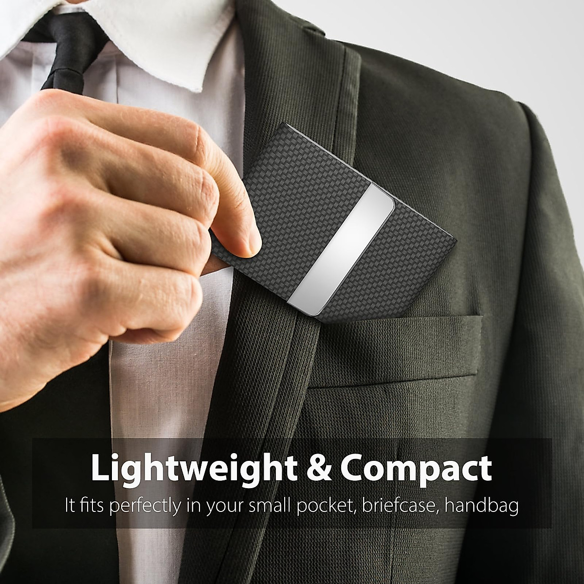 MaxGear Business Card Holder, PU Leather Business Card Case Pocket Card Holders for Men or Women, Metal Slim Name Card Holder RFID Blocking Business Card Carrier with Magnetic Closure, Black Carbon