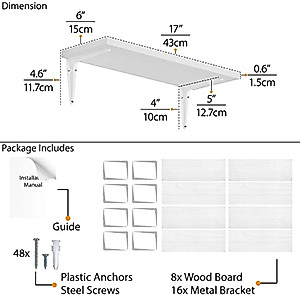 Wallniture Arras 17"x6" Floating Shelves for Wall Decor, Bookshelf Living Room Decor, Kitchen Shelves for Storage, Floating Shelf Unit for Dining Room, Home Office Wall Shelf Set of 8, White, Wood
