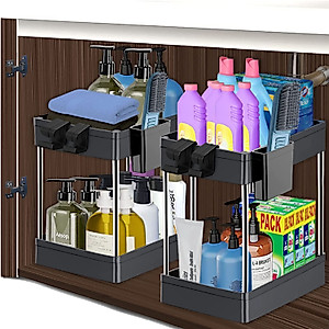 WAYLHECT 2 Tier Under Sink Organizer,Under Bathroom Sink Organizer,Under Kitchen,Bathroom Cabinet Organizers and Storage, 2 Pack Under Bathroom Sink Organizers Basket，with Hooks，Hanging Cups