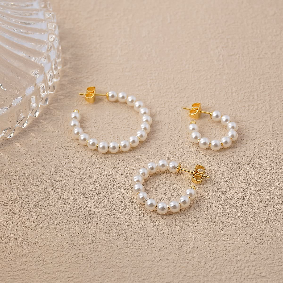 MUYAN 3 Pairs Pearl Hoop Earrings for Women,Gold Plated Pearl Earrings Lightweight Hoops White Pearl Hoops