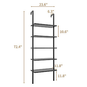 Flamaker 5-Tier Bookshelf Industrial Wall Mount Ladder Bookshelf, Wood Board and Metal Frame, Modern Tall Narrow Storage Organizer for Home Office (Black)