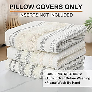 decorUhome Set of 2 Boho Decorative Throw Pillow Covers for Bed Bedroom Neutral Accent Cushion Cover Grey Tufted Woven Pillow Case, 18x18, Beige and White