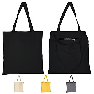 2 Pcs Cotton Canvas Tote Bag Inner Zipper Pocket 12oz 16"x17" Heavy Duty Blank Black Reusable Grocery Shopping Bag Large Plain Cloth Bag for Promotion, Advertising, DIY, Gift