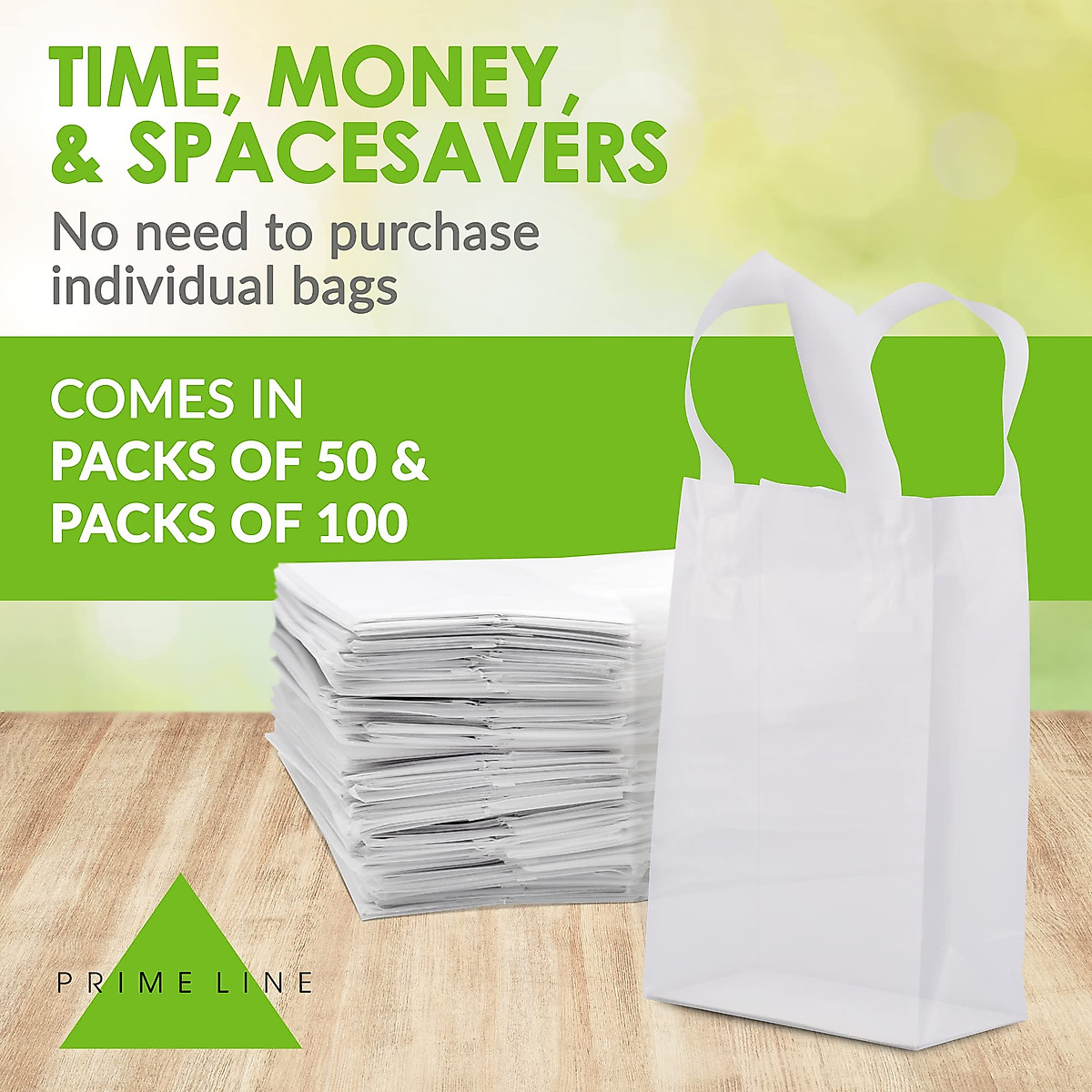 Prime Line Packaging Clear Gift Bags with Handles, Frosted Plastic Shopping Tote for Girls, Small Business, Boutiques, Retail, Bulk, 6x3x9 100 Pack