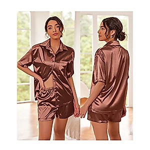 Ekouaer Satin Pajamas Womens Lightweight Sleepwear Short Sleeve Sleep Shirt Boyfriend Top and Shorts 2 Piece Silk PJ Set Brown,S
