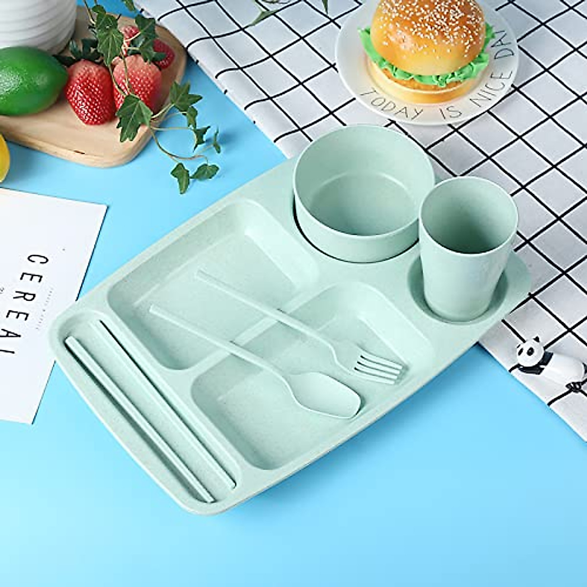 WUWEOT 8 Pack Divided Food Plates, 13.5" Wheat Straw Tray, 5-Compartment Unbreakable Fast Food Tray, Microwave Dishwasher Safe, BPA Free, Lightweight