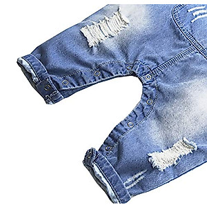 KIDSCOOL SPACE Baby Girls Big Bib Pocket Ripped Bowknot Decor Jeans Coveralls,Blue,3-6 Months