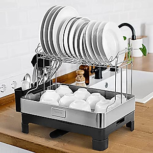 happimess DSH1004A Simple 20.75' Fingerprint-Proof Stainless Steel 2-Tier Dish Drying Rack, Dish Rack with Swivel Spout Tray, Utensil Holder, Stainless Steel/Black, Silver/Black