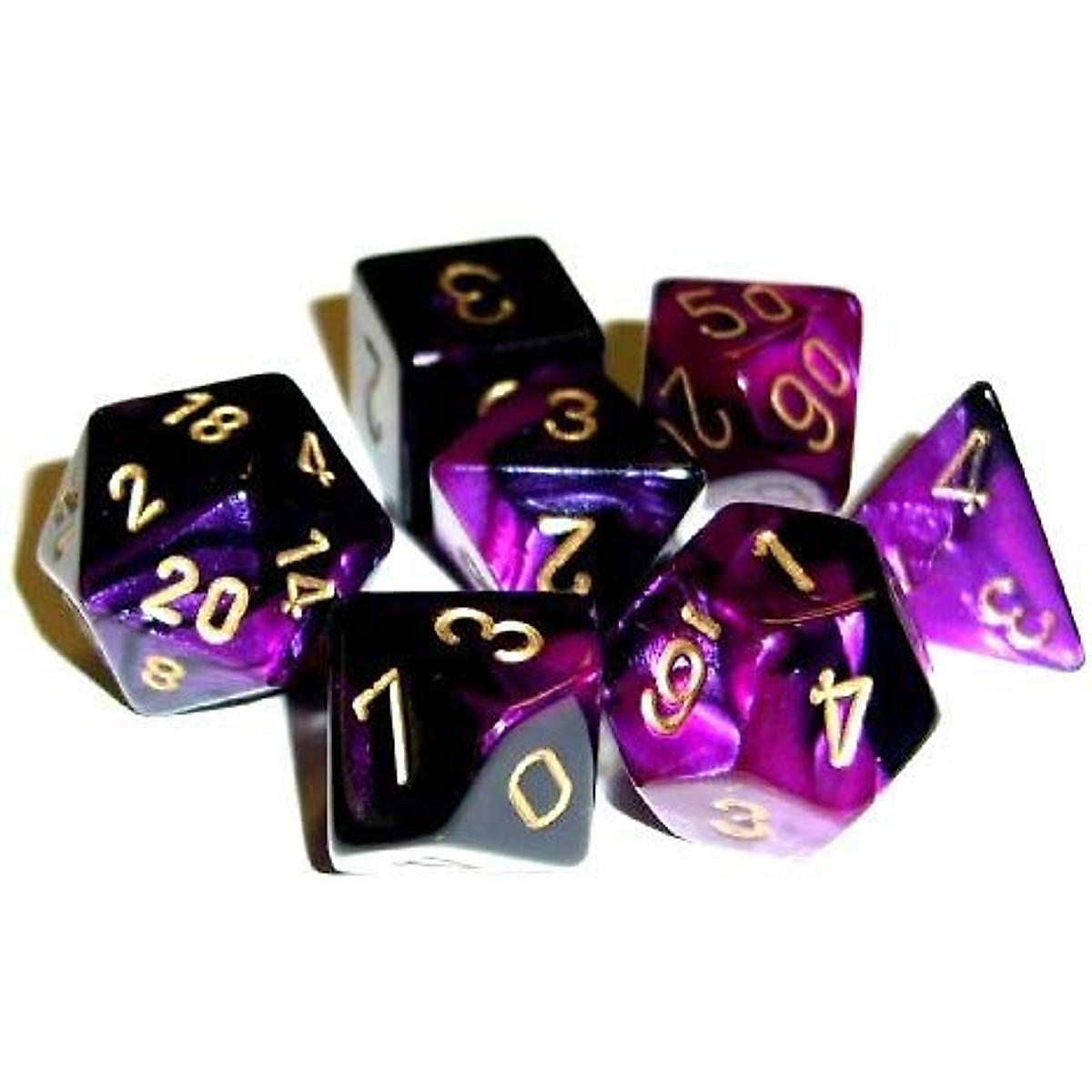 Chessex Manufacturing Cube Gemini Set Of 7 Dice - Black & Purple With Gold Numbering CHX-26440