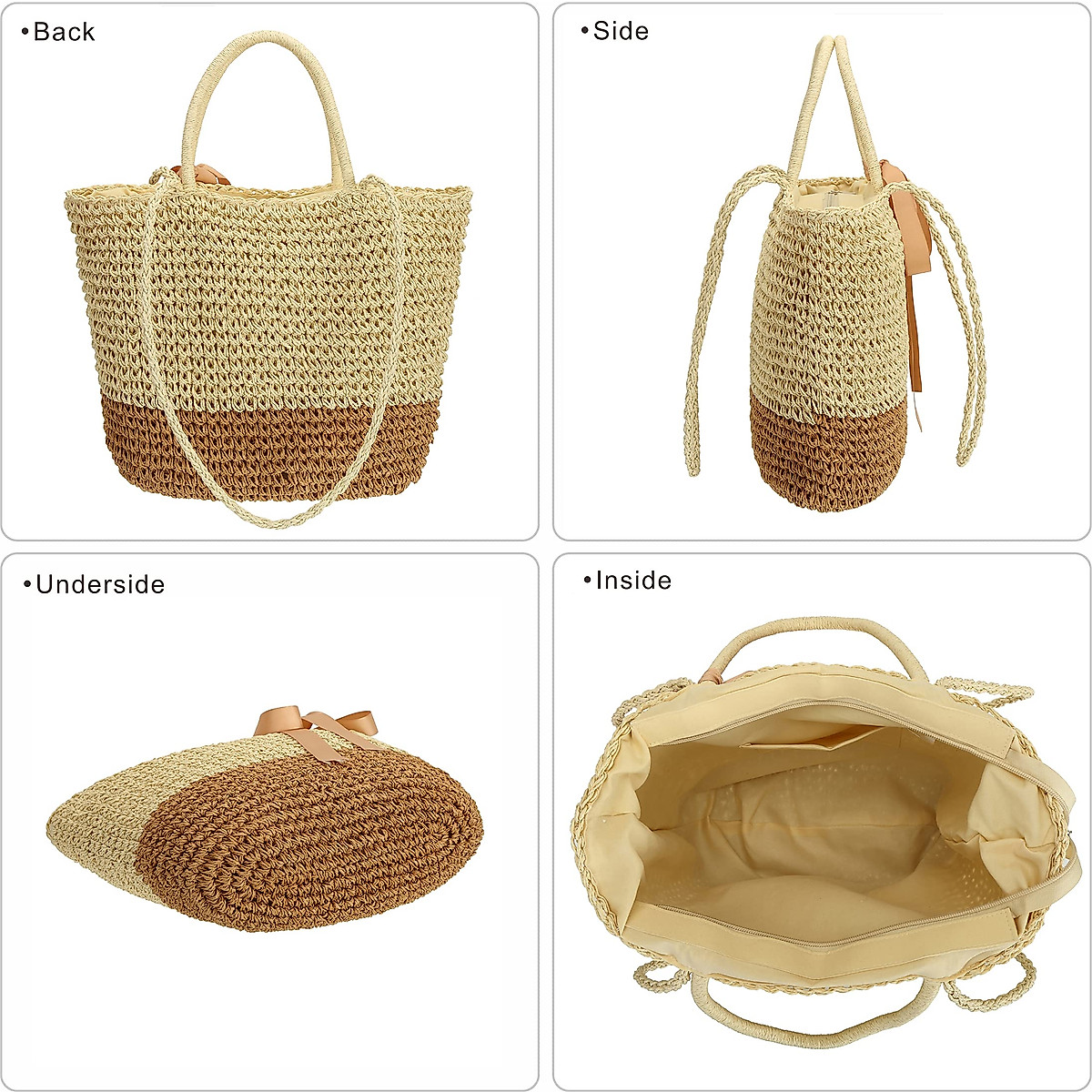 So'each Women's Handbag Color Matching Bow Wicker Woven Rattan Straw Tote Shoulder Bag Beige