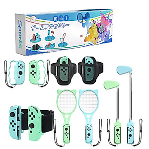 Nintendo Switch Sports Accessories, Nintendo Switch Sports Leg Strap, Switch Wrist Straps, Switch Boxing Grips, Switch Tennis Racket and Switch Golf Club - Blue and Green