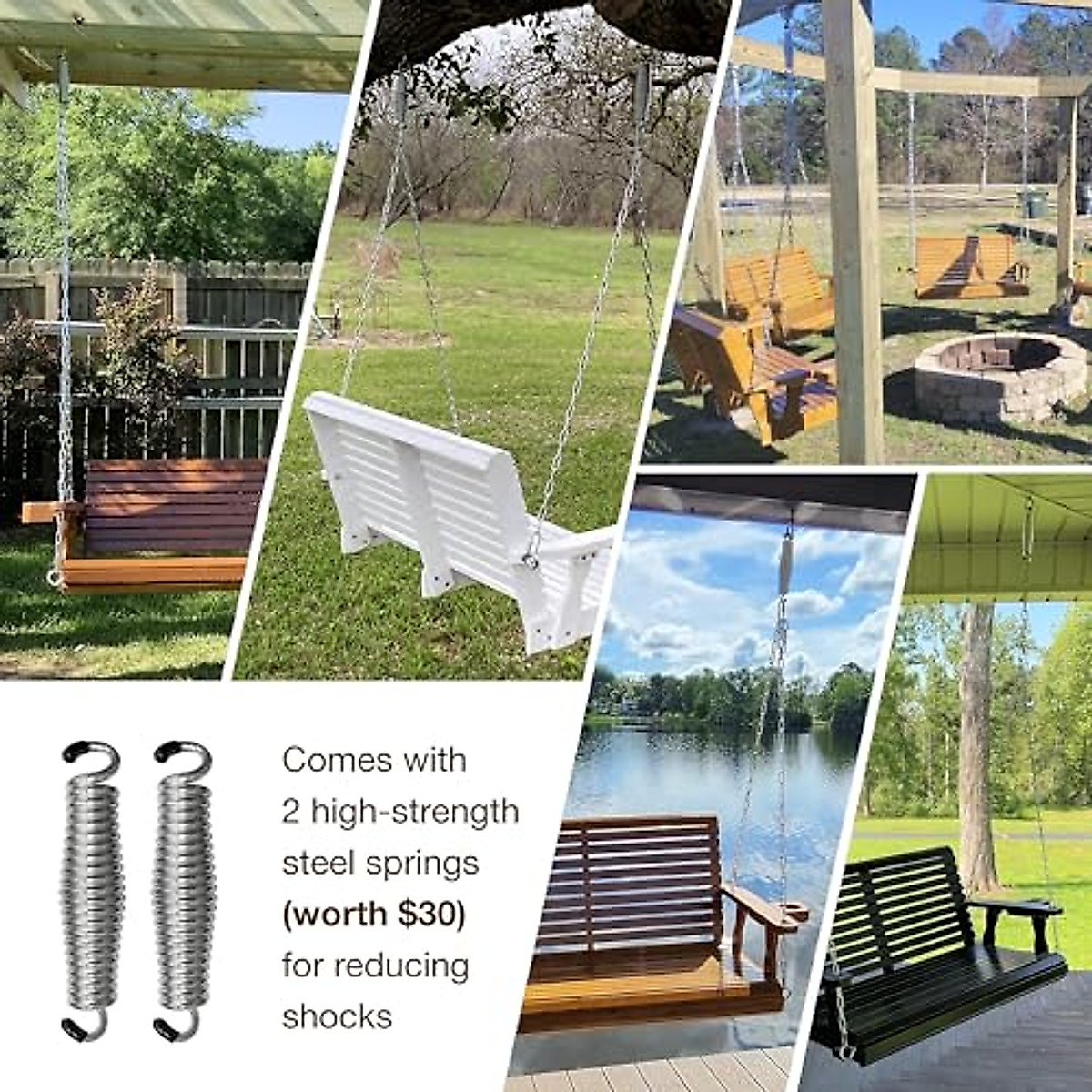 Wooden Porch Swing 2-Seater, Bench Swing with Cupholders, Hanging Chains and 7mm Springs, Heavy Duty 800 LBS, for Outdoor Patio Garden Yard, 4 FT, White