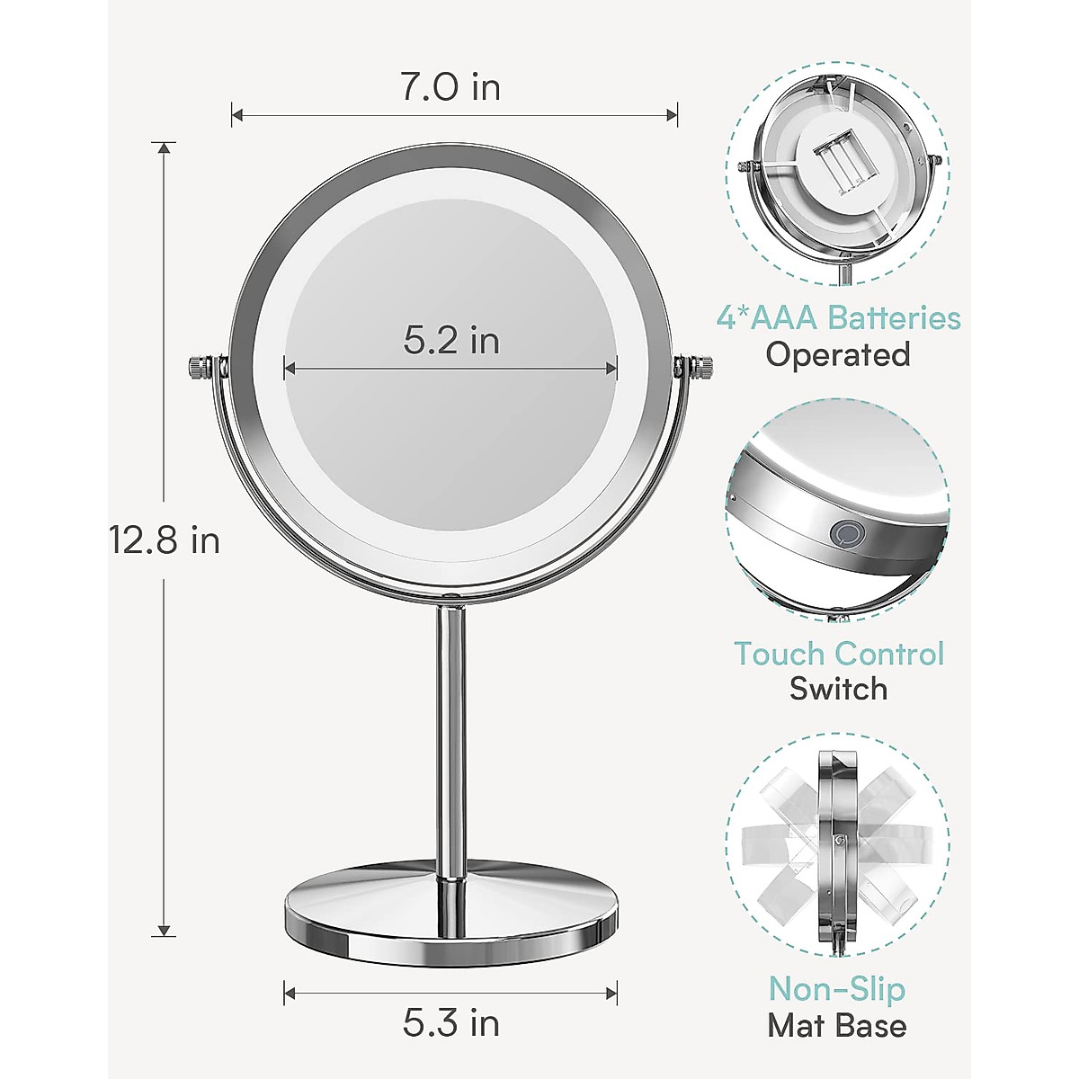 Benbilry Lighted Makeup Mirror with Lights and Magnification 10X/1X, Double Sided 360° Swivel 7" LED Dimmable Vanity Mirror with Touch Control Switch, Battery Operated Cordless Standing Shaving Mirror