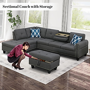 Rovibek L Shaped Sectional Couch with Ottoman and Pillows, 2 Cup Holders Design Living Room Sofa Set for Apartment, Office